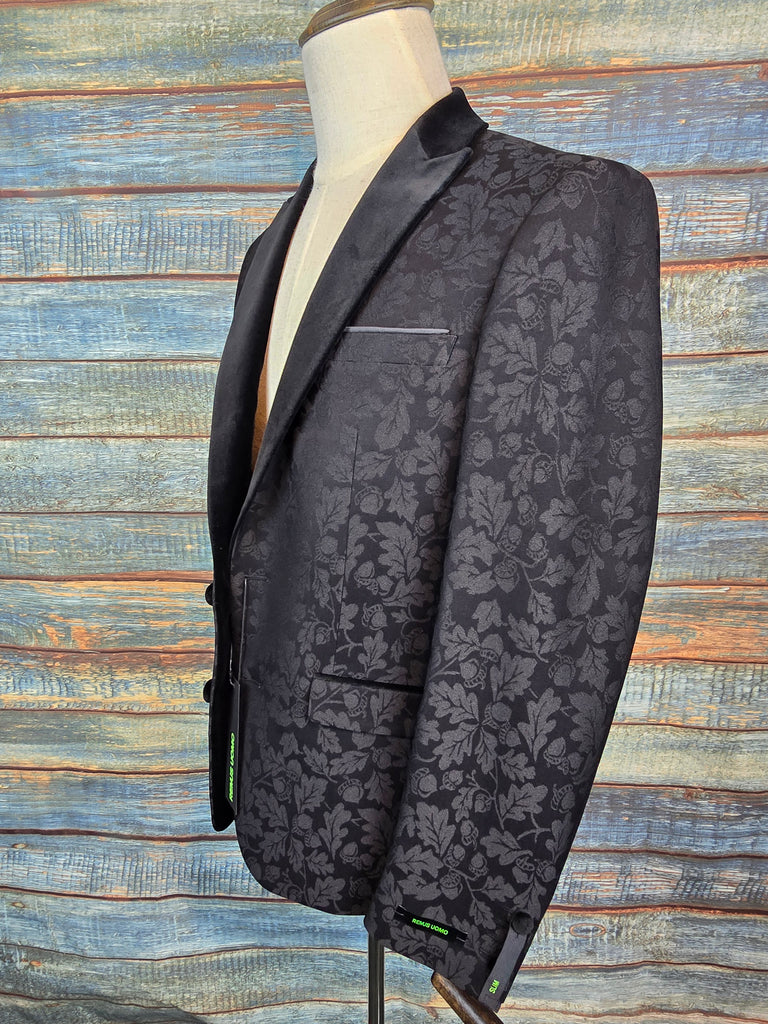Remus Uomo Slim Fit Black Oak leaf Print Jacket with velvet collar ...